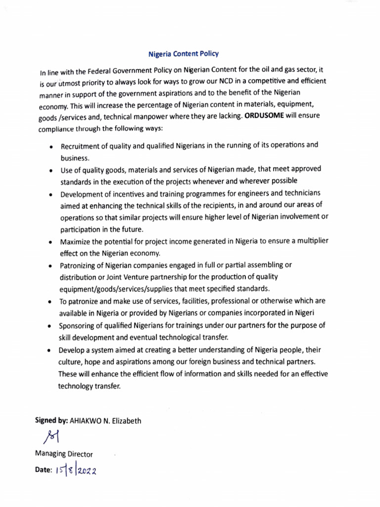 Nigerian Content Policy | PDF