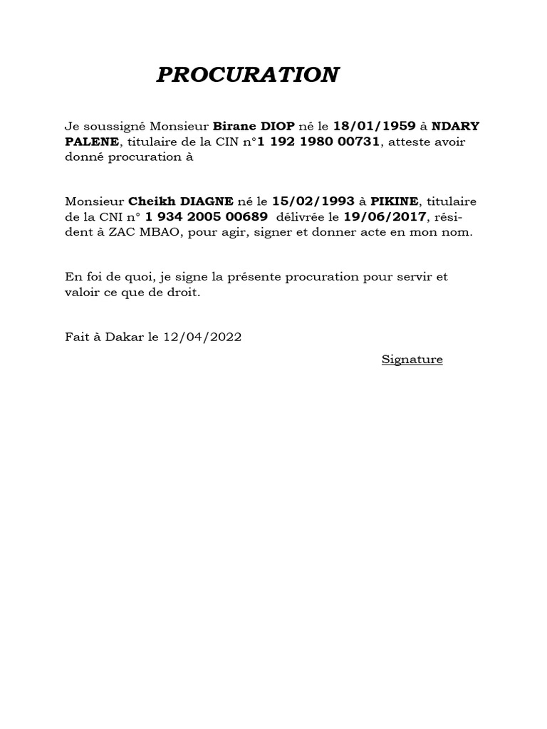Modèle de procuration simple à signer | PDF