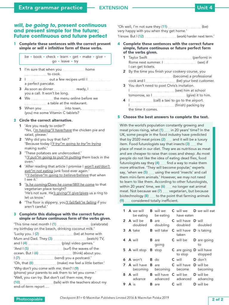 Checkpoint B1+ TRF Extra Grammar Practice Worksheets Extension U4 | PDF | Meat | Foods