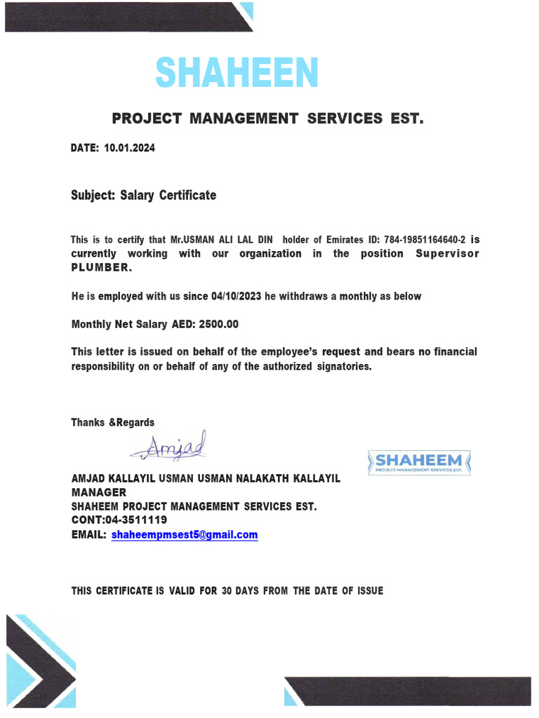 Usman Salary Certificate PDF | PDF | Finance & Money Management