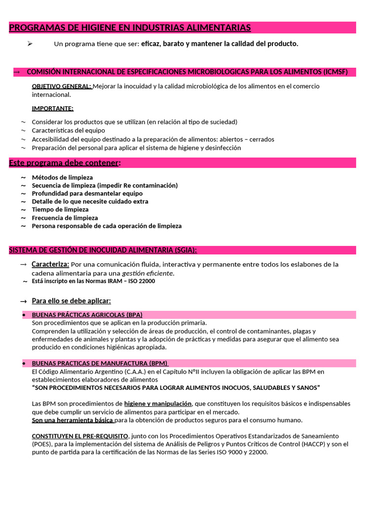 Programas de higiene | PDF | Análisis de Riesgo y Puntos Críticos de Control | Seguridad alimenticia