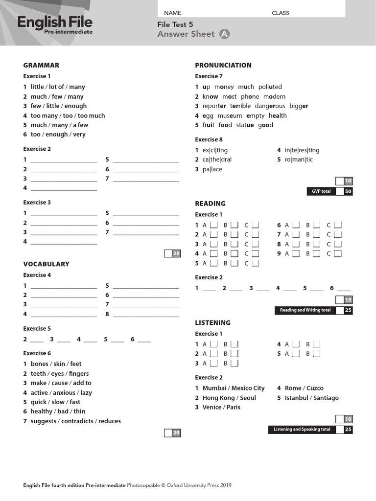 EF4e Pre-Int File Test 5A Answer Sheet | PDF