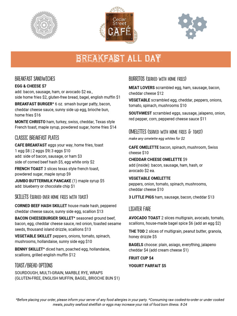 Cedar Cafe Menu 08302024 | PDF | Hamburgers | Bacon