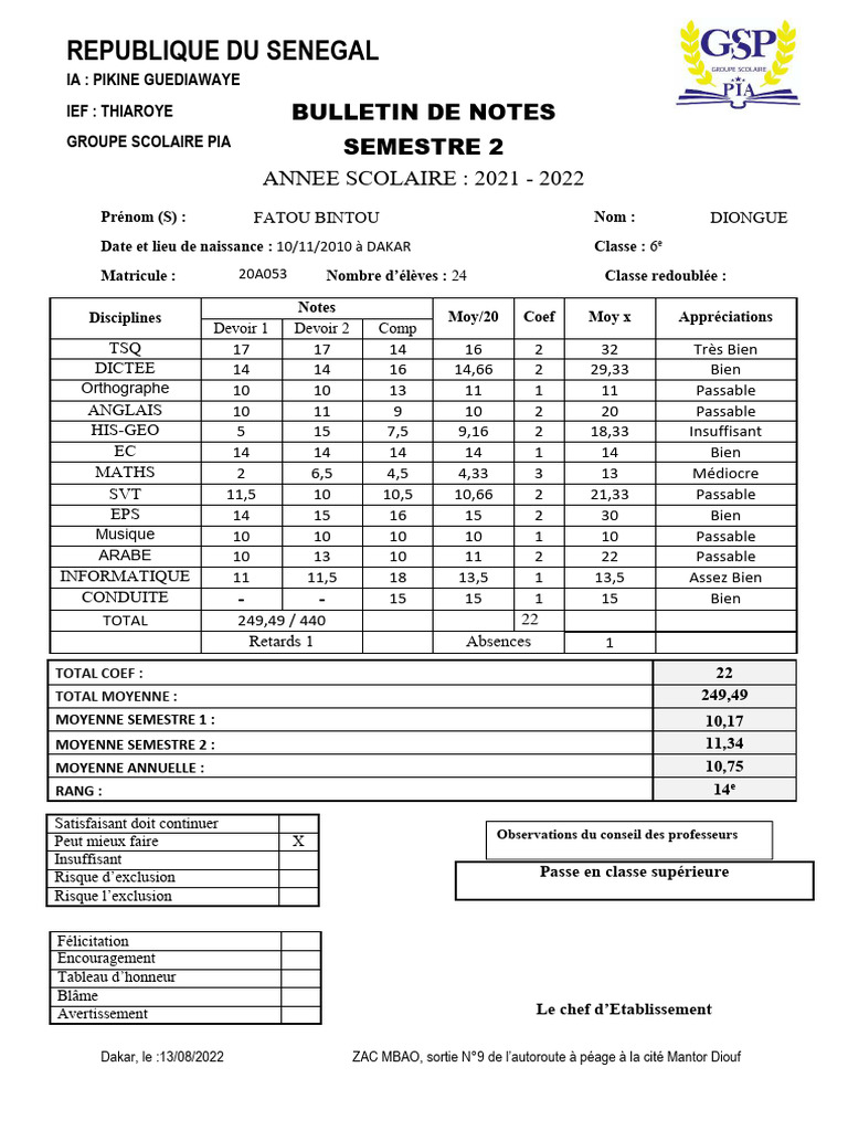 Bulletin de notes 6e - Semestre 2 | PDF