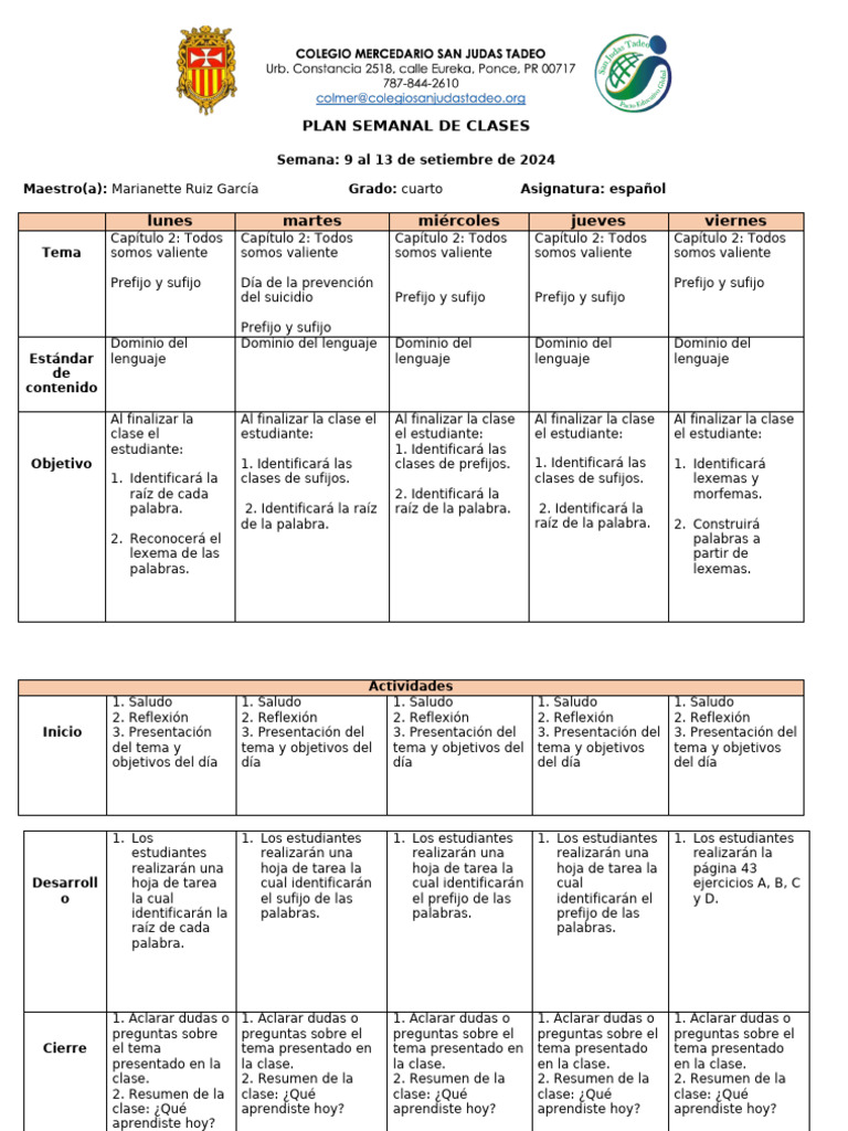 Planificación 9-13 de Septiembre 2024 Cuarto Grado | PDF | Lingüística ...