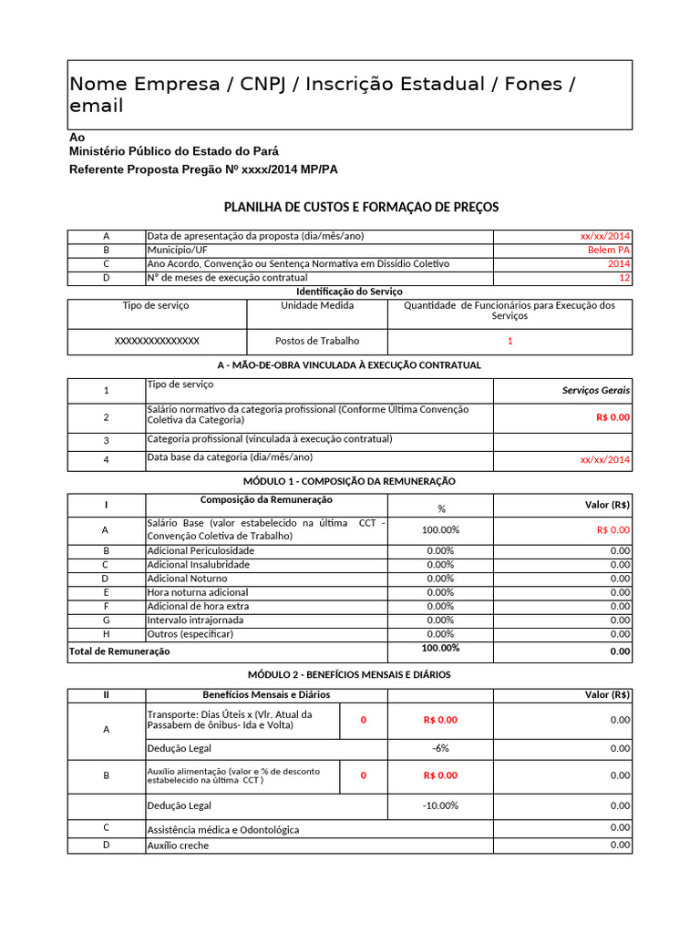 PE 007-2015 - Planilha Custos e FormaÃ Ã o de PreÃ Os - Modelo em Branco | PDF | Férias ...