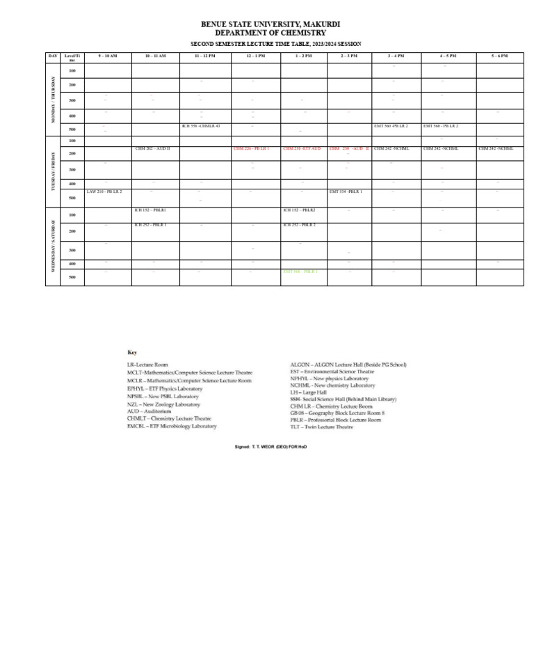 BSU Chemistry Timetable 2023/2024 | PDF