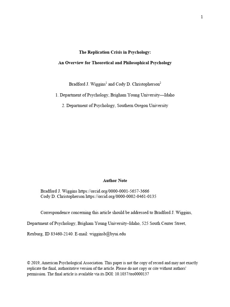 The Replication Crisis In Psychology Postprint Pdf Psychology