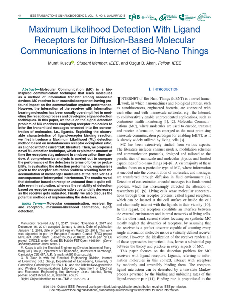 1 - 2018 - Maximum Likelihood Detection With Ligand Receptors For Diffusion-Based Molecular ...