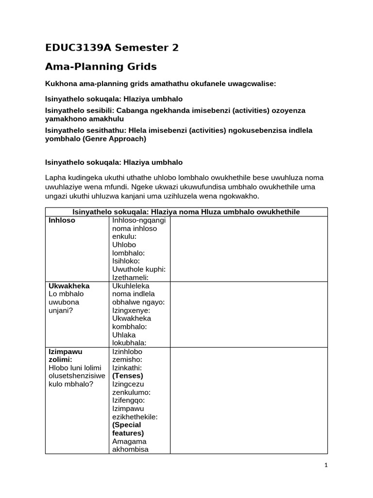 EDUC 3139A Ama-Planning Grids (IsiZulu Version) | PDF | Career & Growth | Language Arts & Discipline