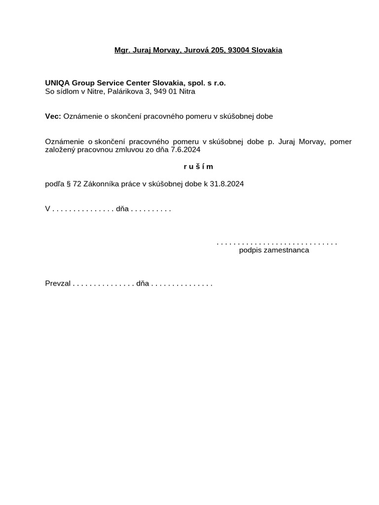 Vzor Oznamenie o Skonceni Pracovneho Pomeru V Skusobnej Dobe | PDF