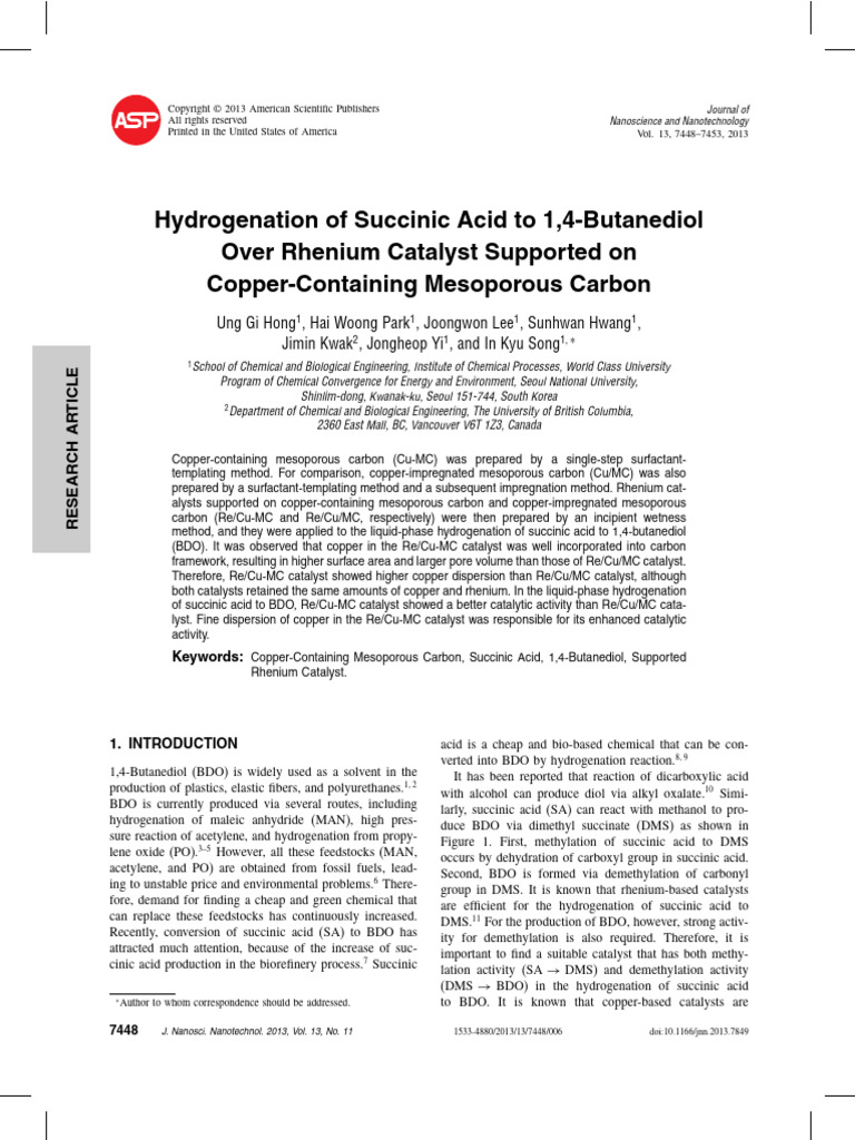 Hydrogenation of Succinic Acid To 1,4-Butanediol Over Rhenium Catalyst ...