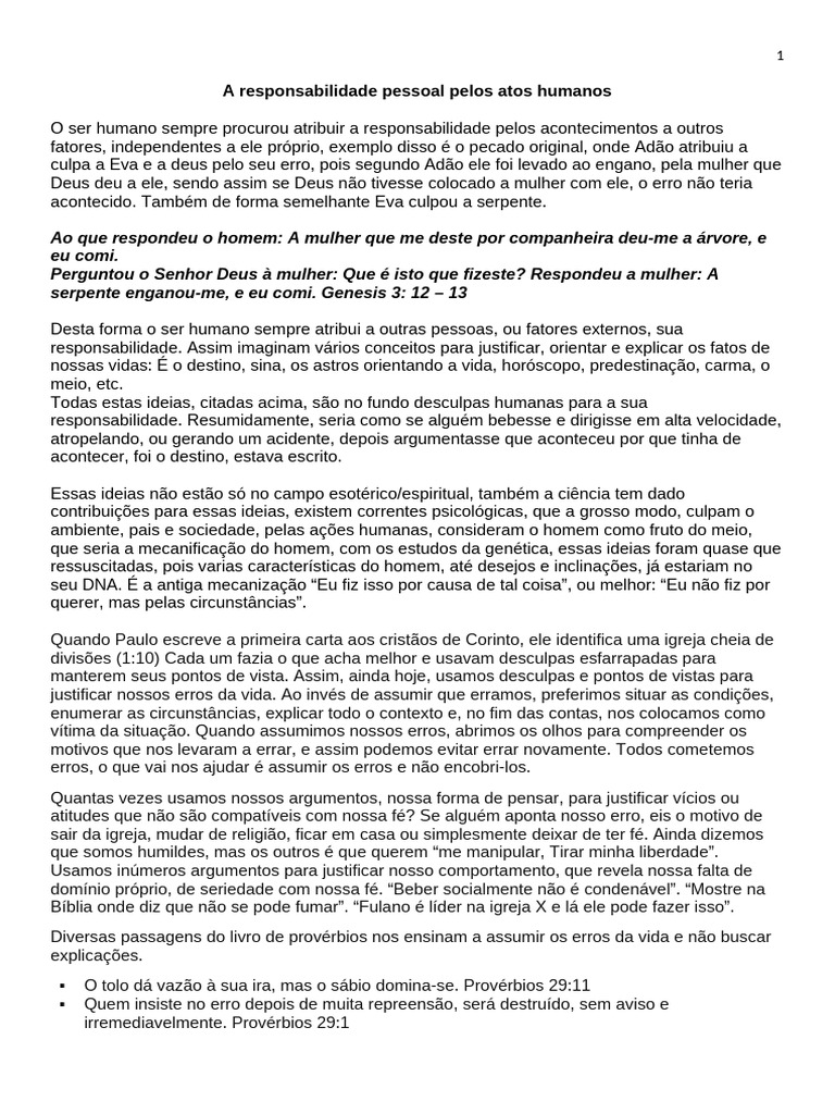 A responsabilidade pessoal pelos atos humanos e o destino | PDF | Adão ...
