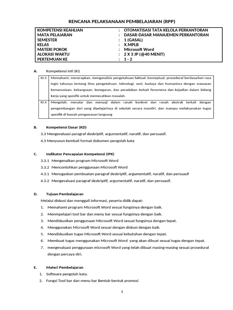 RPP KELAS X Microsoft Word | PDF