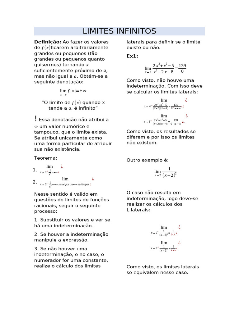 Limites Infinitos e Assintotas Verticais | PDF | Limite (Matemática ...