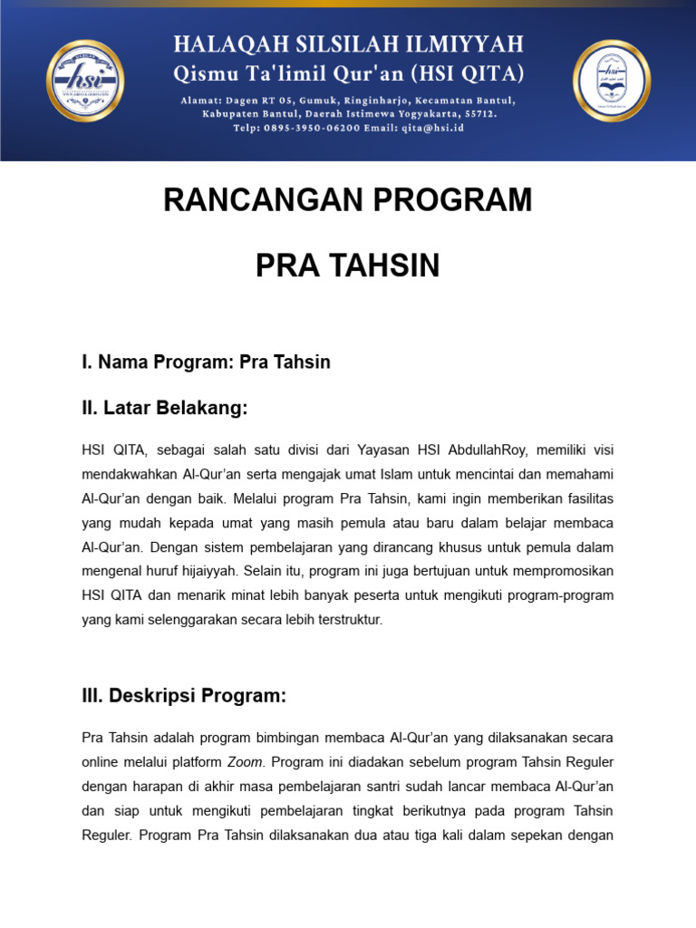 Rancangan Program PRA TAHSIN | PDF
