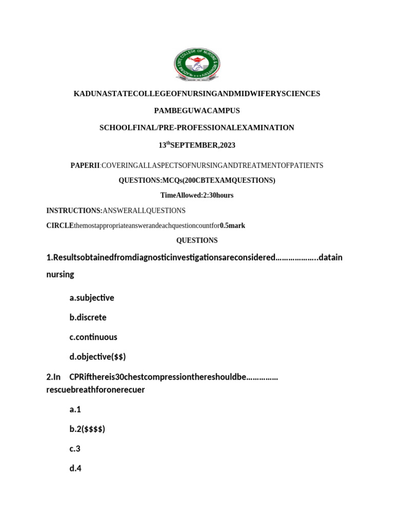 2023 School Final Exams Paper Two-1 | PDF | Clinical Medicine