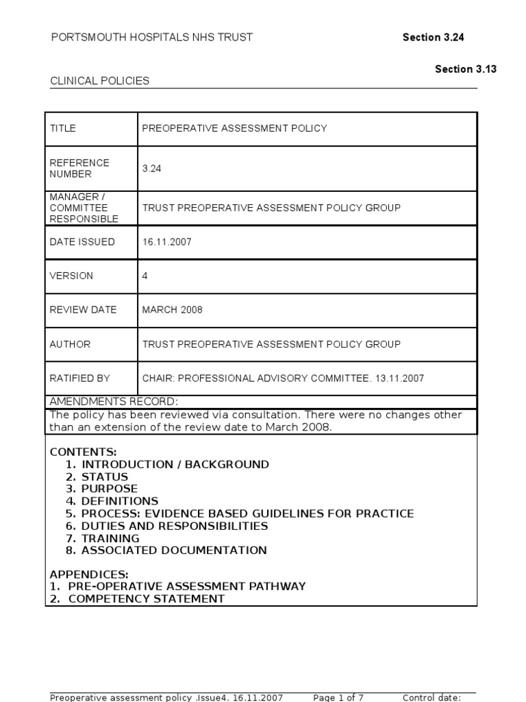 Preoperative Assessment Policy | Patient | Surgery