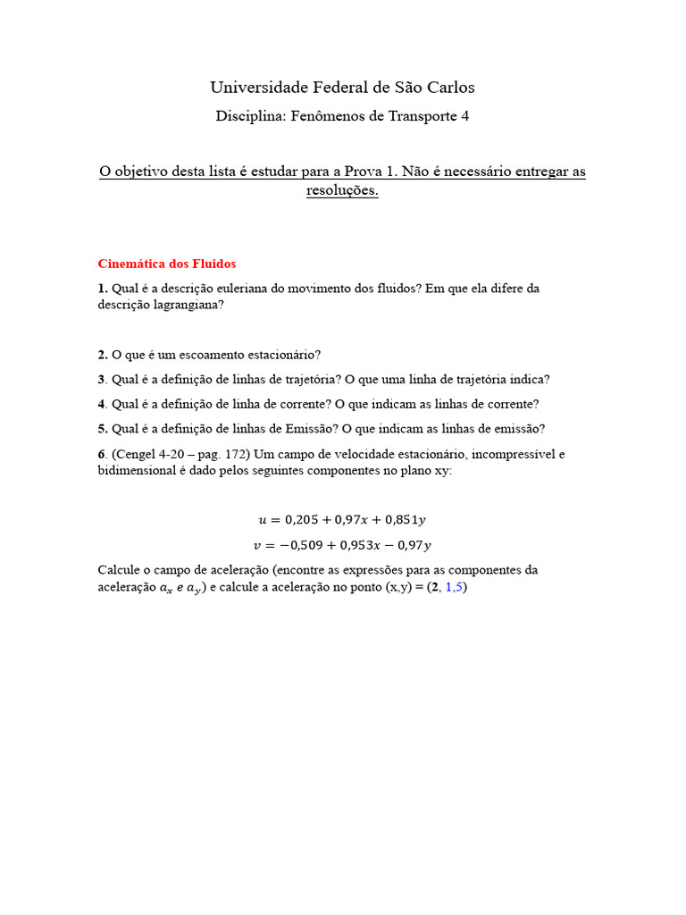Lista de Exercícios Prova 1 - Cinemática | PDF | Mecânica dos fluidos | Cinemática