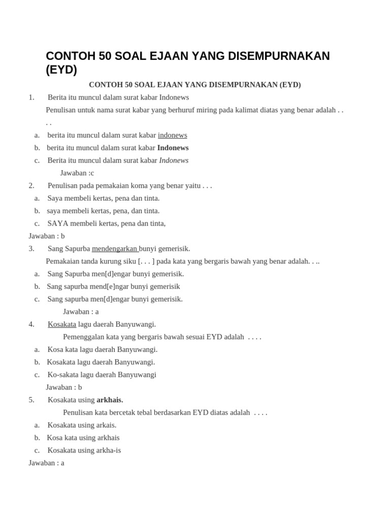Contoh 50 Soal Ejaan Yang Disempurnakan | PDF