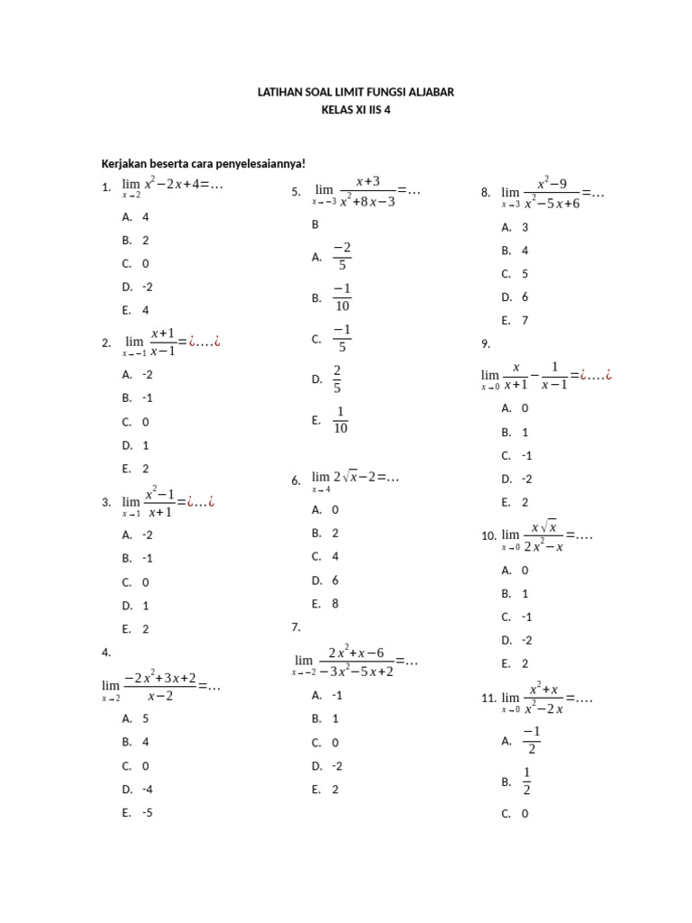 Latihan Soal Limit Fungsi Aljabar | PDF