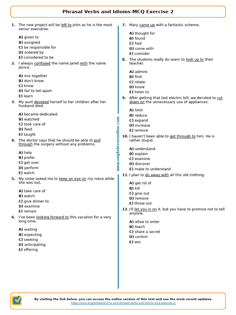 1894 Phrasal Verbs and Idioms MCQ Exercise 2 | PDF