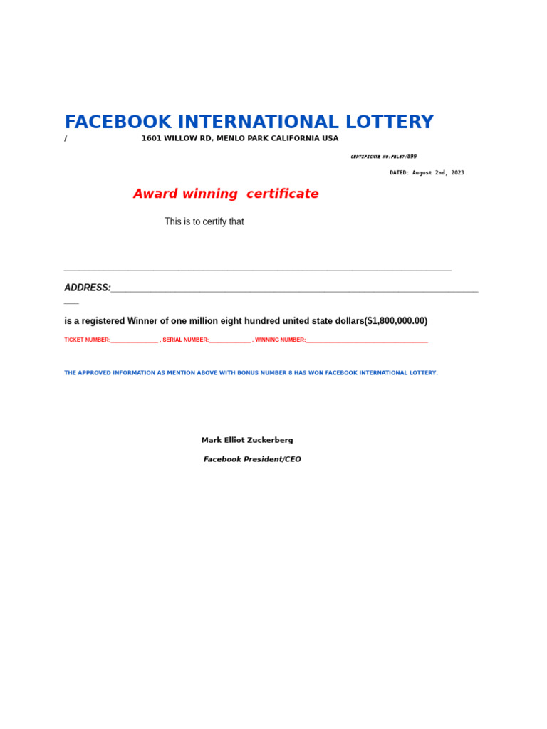 Facebook International Lottery: Award Winning Certificate | PDF | Law