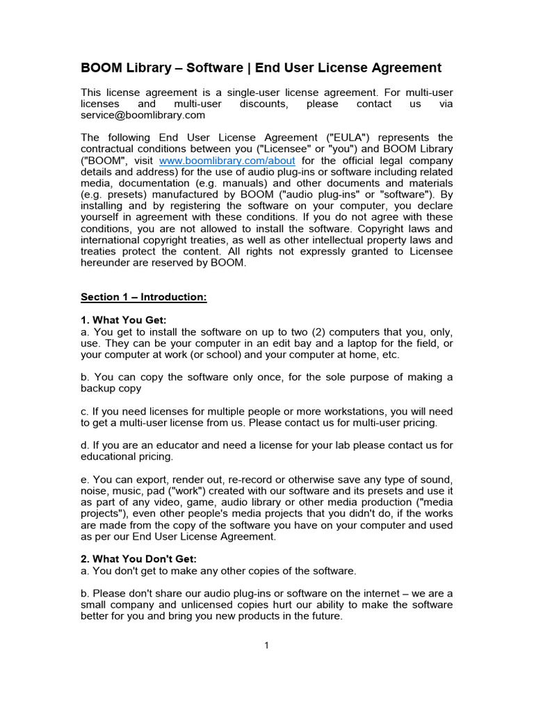 00 BOOM Software EULA SA Ext 1.3 | PDF | License | Legal Liability