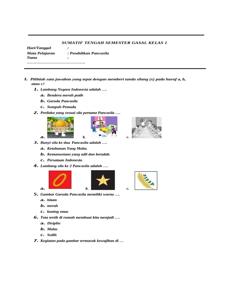 Soal-soal STS kelas 1 smt 1 2022 (1) | PDF