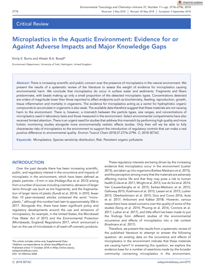 Burns 2018 Microplastics in The Aquatic Environment PDF | PDF | Environmental Science | Earth ...