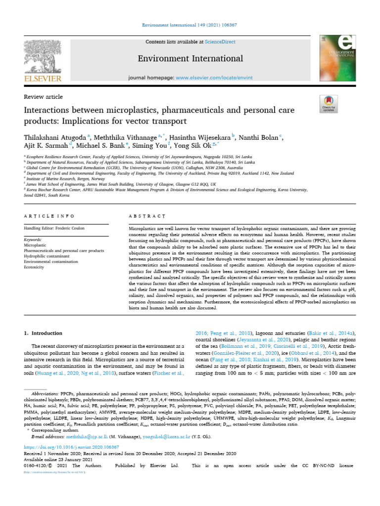 Atugoda 2021 Microplastics and Pharmaceuticals Vector Transport - PDF ...