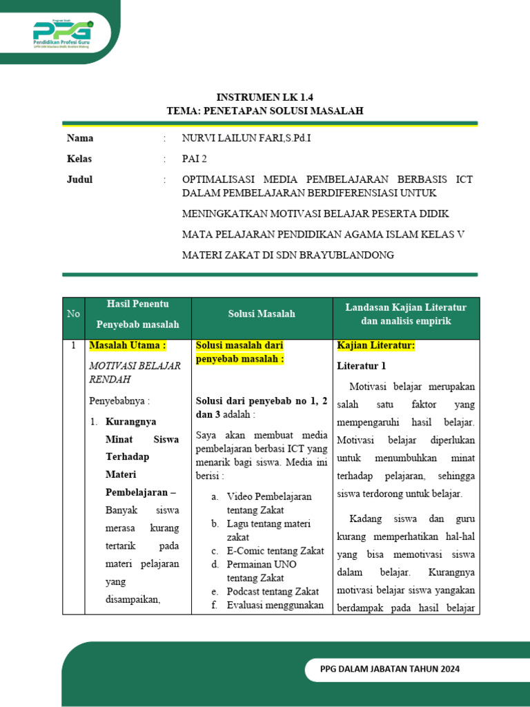 Instrumen LK 1.4 - Penetapan Solusi Masalah (MODUL PEDAGOGI - PBL) | PDF