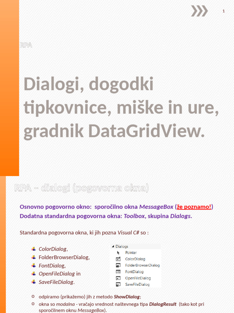 RPA3 - Dialogi, Dogodki Tipkovnice, Miške in Ure, Gradnik DataGridView | PDF