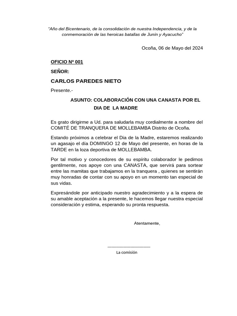 Oficio Apoyo Voluntario Mollebamba Tranquera | PDF | Cocina, comidas y vino