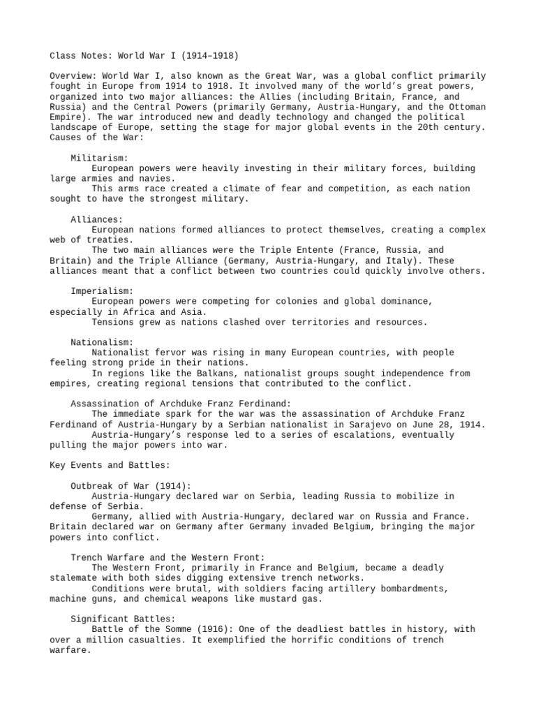 World War 1 - Notes To Study | PDF | World War I | Western Front (World ...