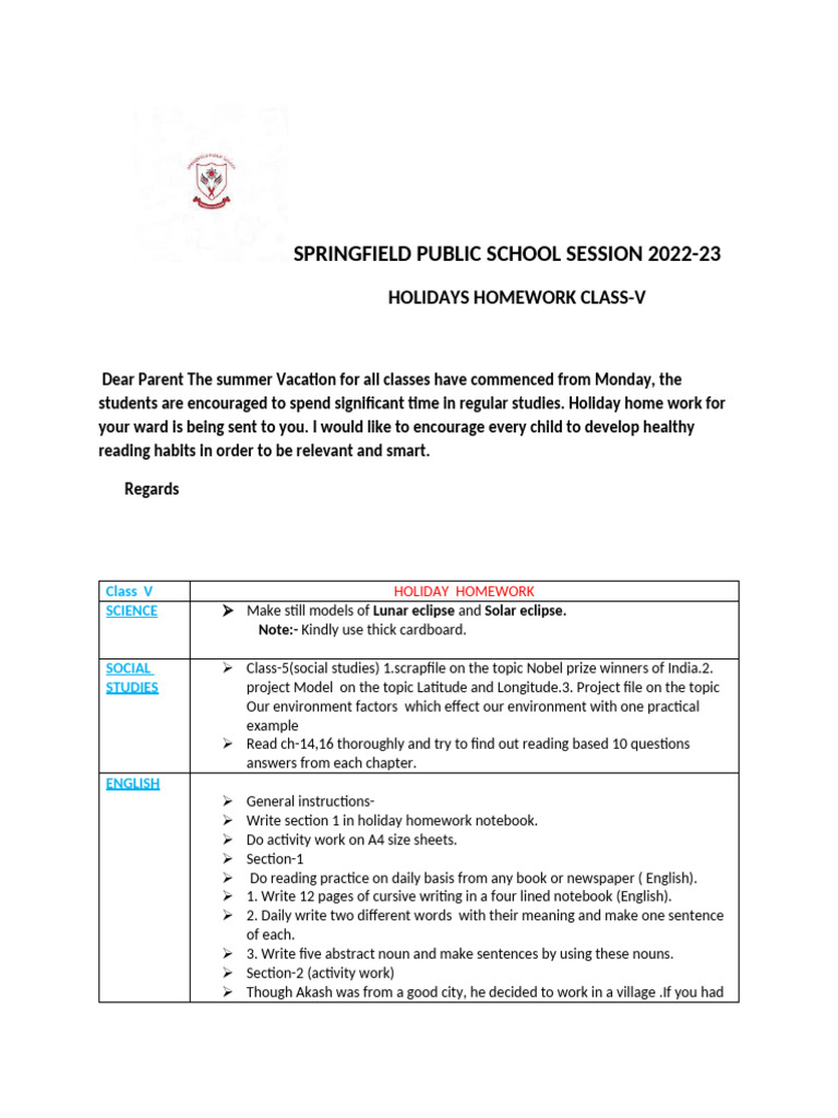 Class 5 Holiday Homework Guidelines | PDF | Foreign Language Studies