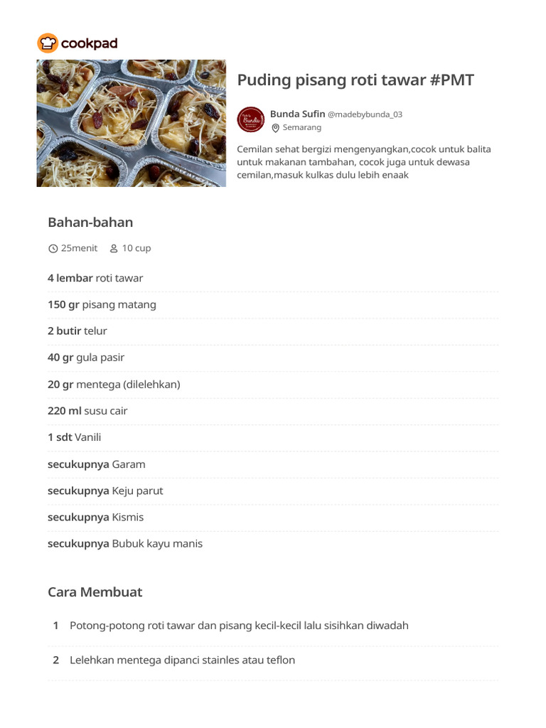 Resep Puding Pisang Roti Tawar #PMT Oleh Bunda Sufin - Cookpad | PDF