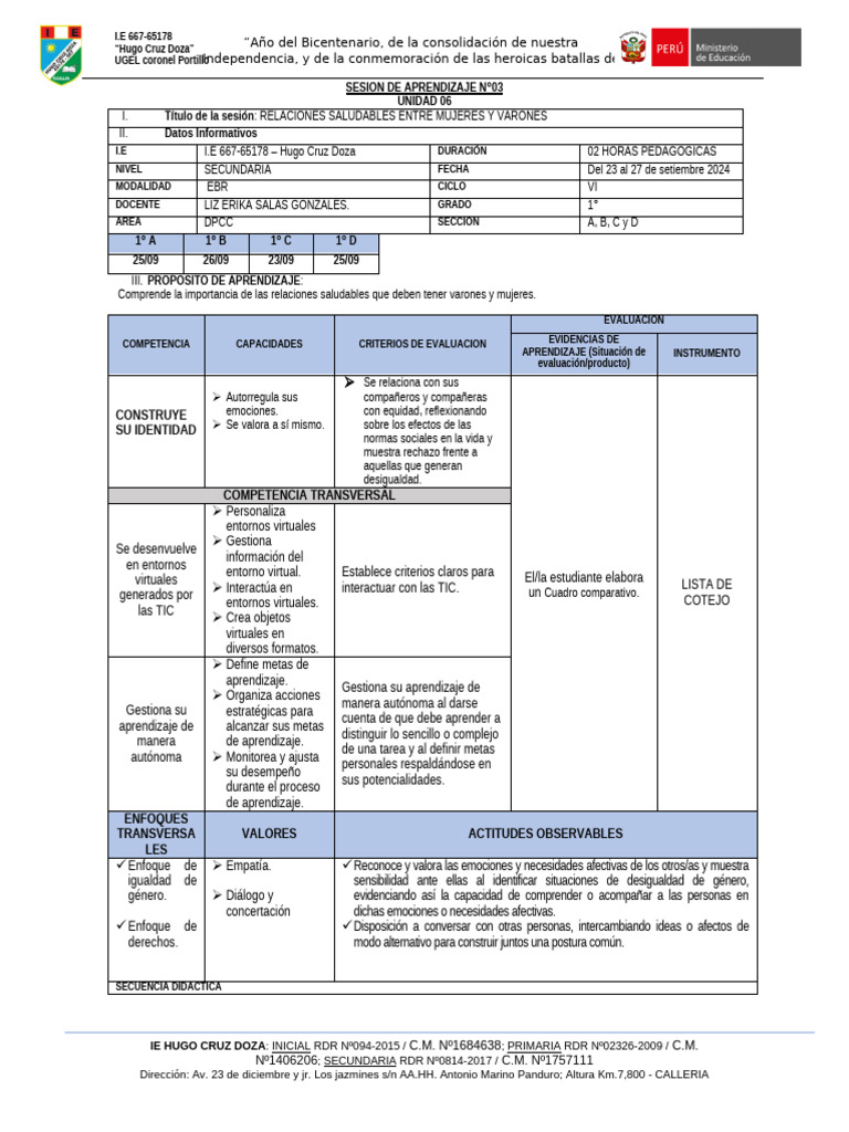 1°dpcc Sesion03uni06hcd | PDF | Evaluación | Aprendizaje