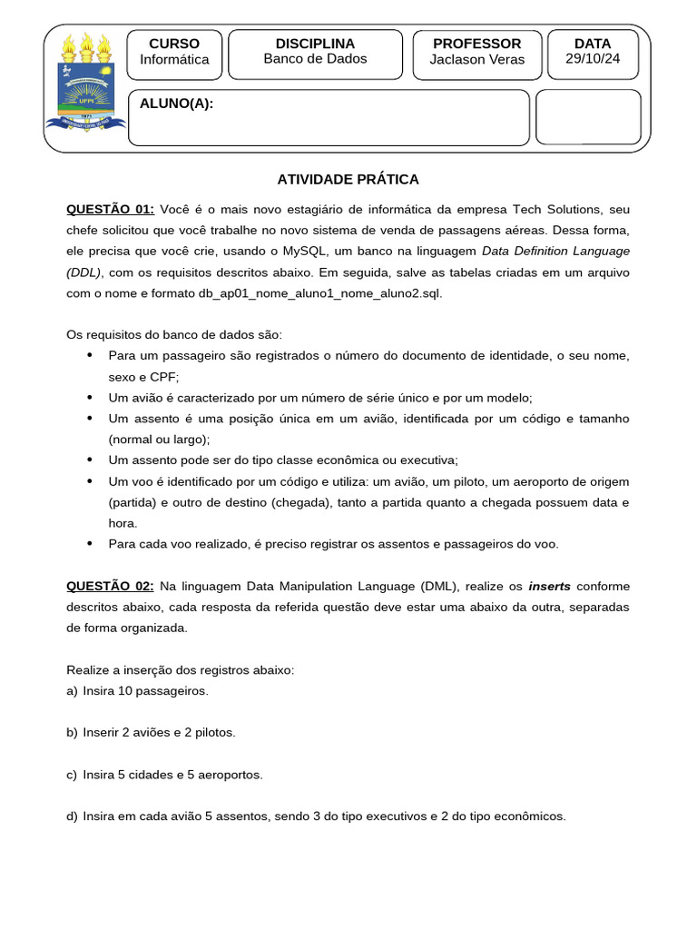 Atividade Prática (Linguagem SQL) | PDF | SQL | Informática