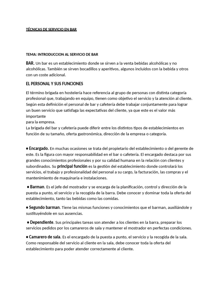 T CNICAS DE SERVICIO EN BAR PDF C cteles Bar Establecimiento 