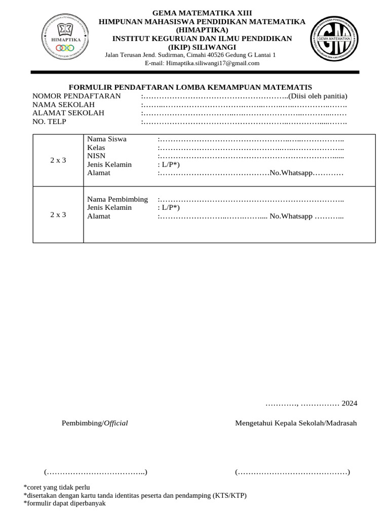 Formulir Pendaftaran Lomba Kemampuan Matematis 2024 | PDF