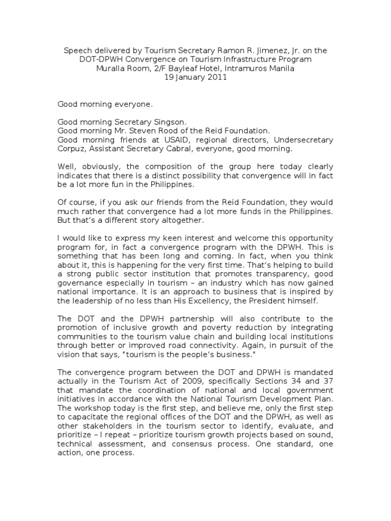 Speech of DOT Secretary Ramon R. Jimenez, Jr. On DOT-DPWH Convergence ...
