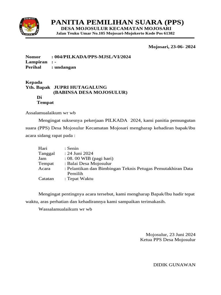 Undangan Rapat Pelantikan PPS Mojosulur | PDF