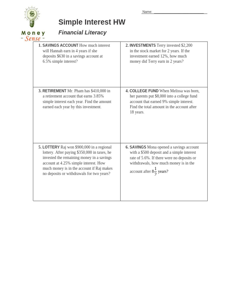 Simple Interest Homework | PDF