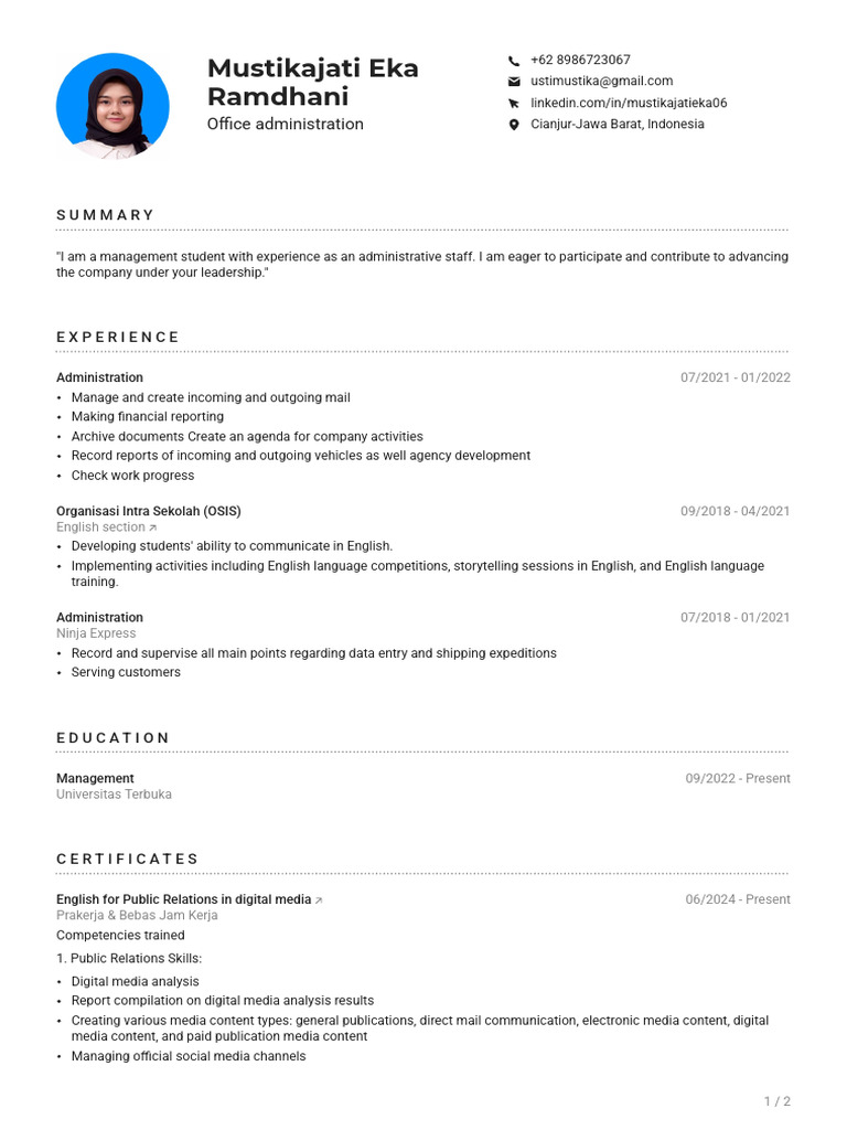 Mustikajati Eka Ramdhani - Office Administration - CV | PDF | Business ...