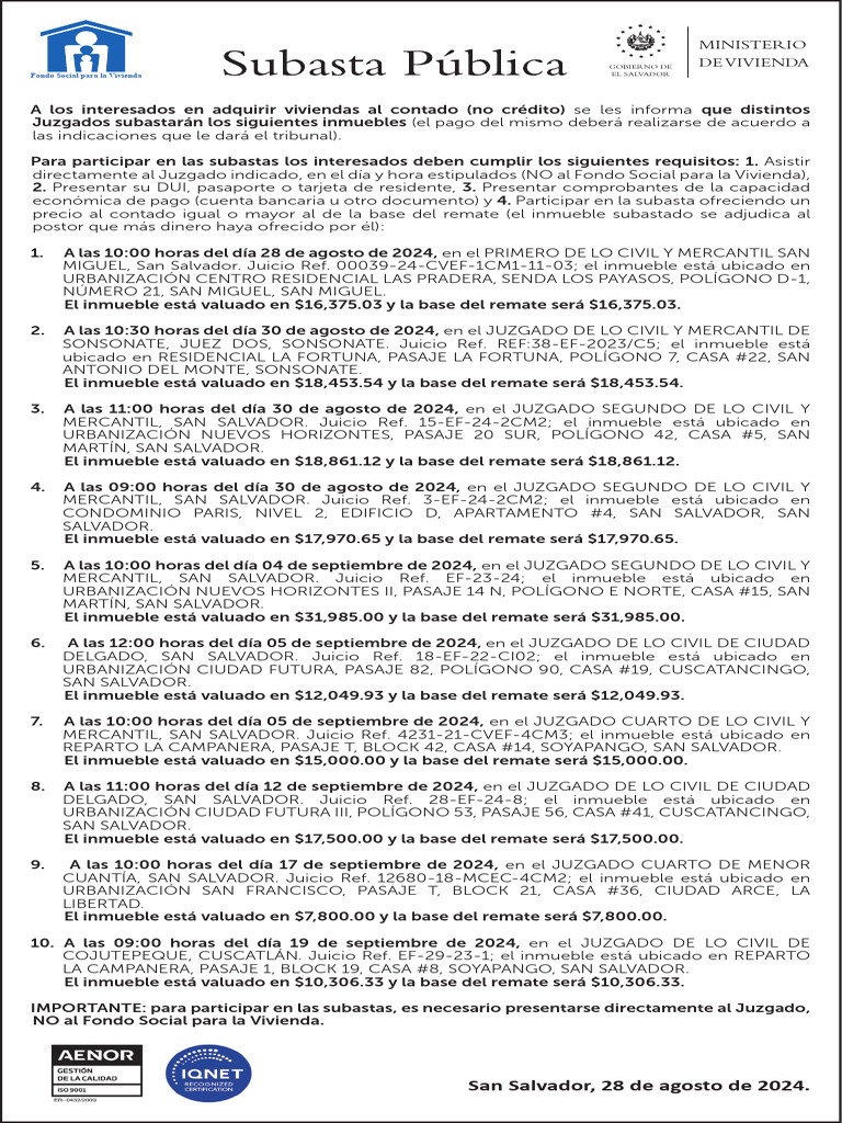 FSV Subasta Publica 28 Agosto | PDF | Subasta