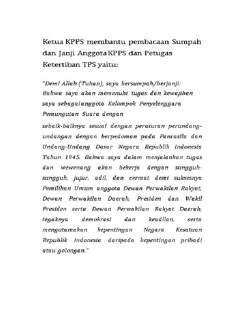 Teks Sumpah Janji Anggota KPPS Dan Petugas Ketertiban TPS | PDF
