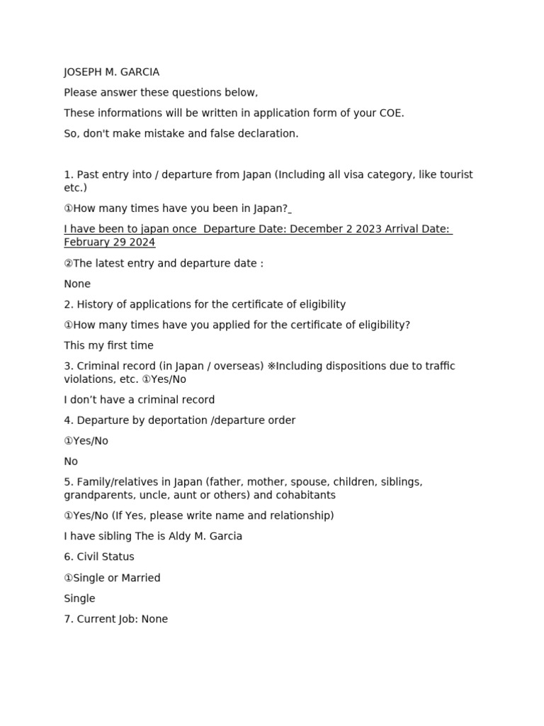 Questionnaire For COE Application | PDF