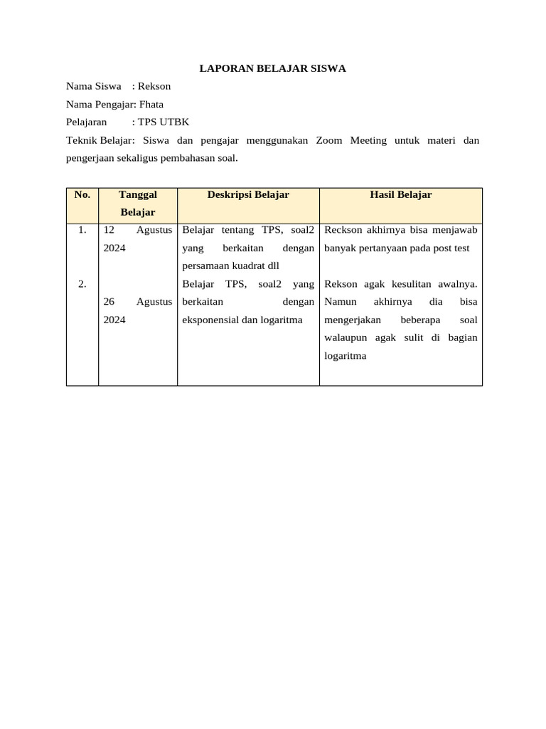 Rekson Agustus Evaluasi Belajar 2024 | PDF