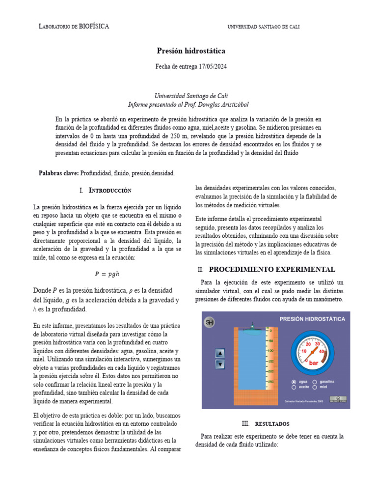 Simulación de Presión Hidrostática | PDF | Densidad | Presión